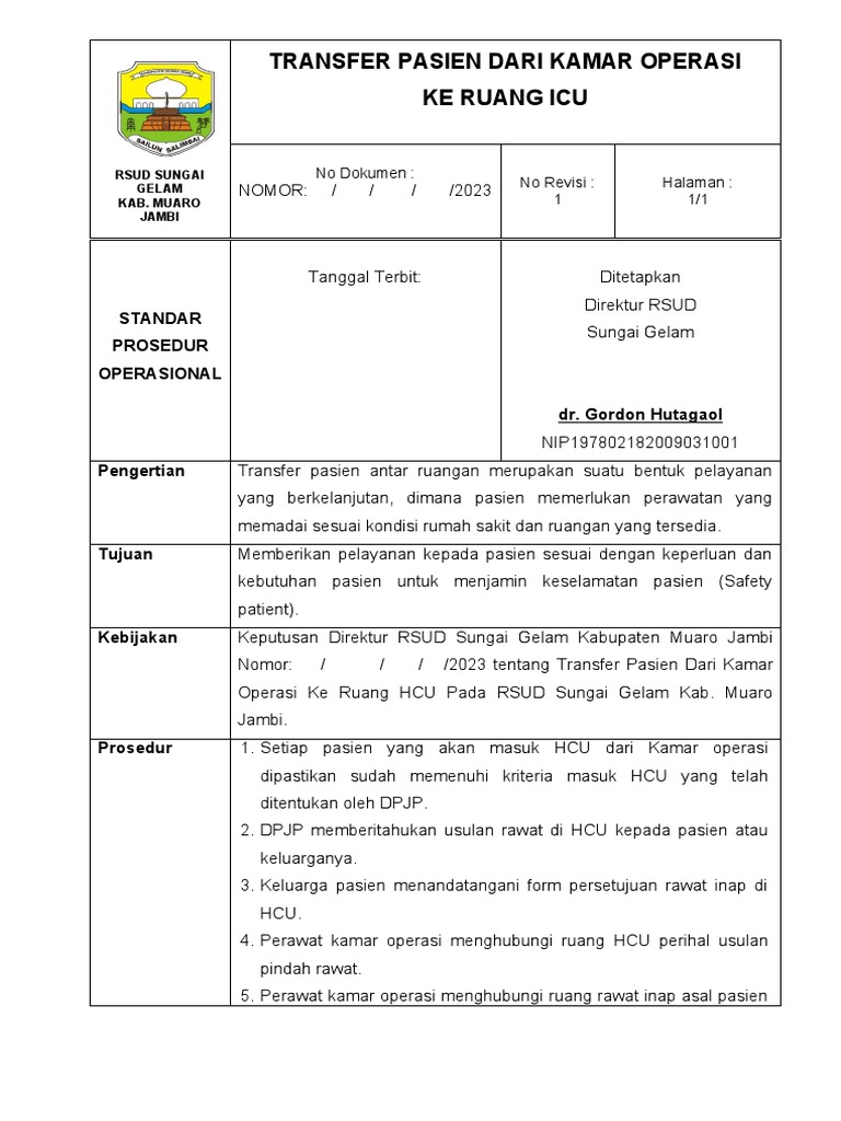 Sop Transfer Pasien Dari Kamar Operasi Ke Ruang Hcu | PDF