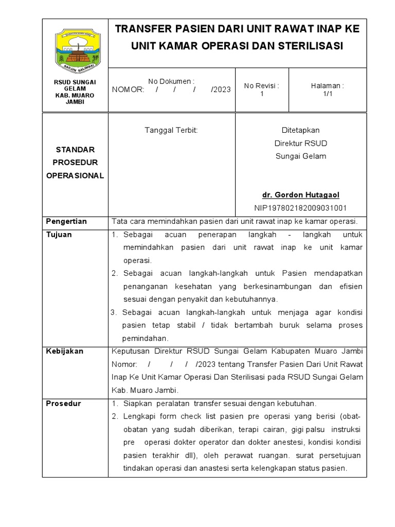 Sop Transfer Pasien Dari Ruang Rawat Inap Ke Kamar Operasi Dan ...