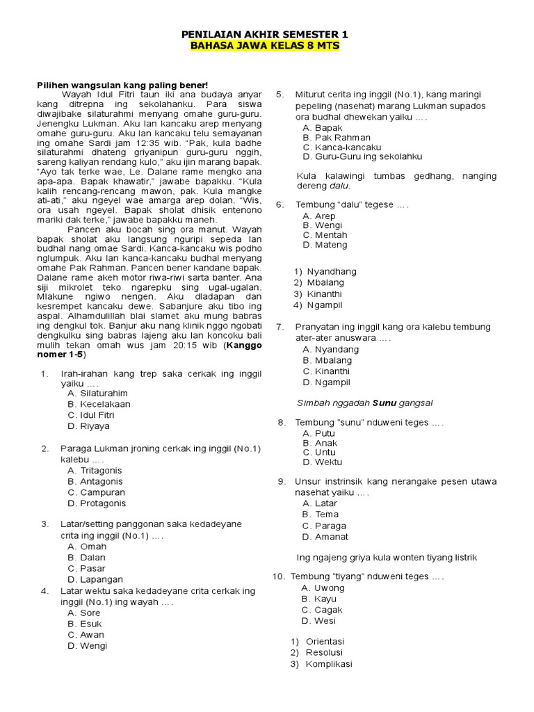 9 B.Jawa SOAL + Jawaban PAS BHS. JAWA KELAS 8 | PDF