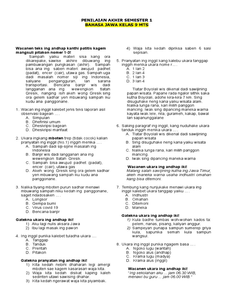 9 B.Jawa SOAL + Jawaban PAS BHS. JAWA KELAS 9 | PDF