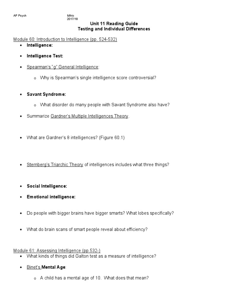 Unit 11, Intelligence Reading Guide | PDF | Intelligence Quotient ...