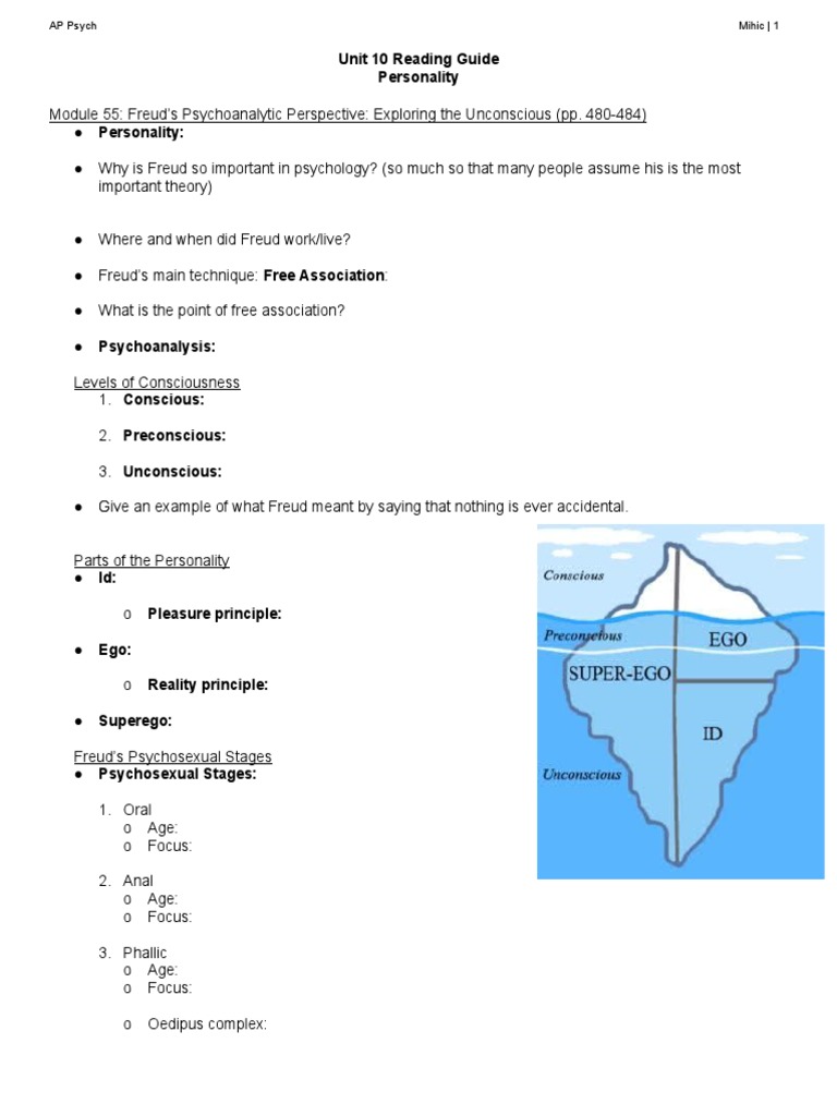 Unit 10, Personality Reading Guide | PDF | Sigmund Freud | Id