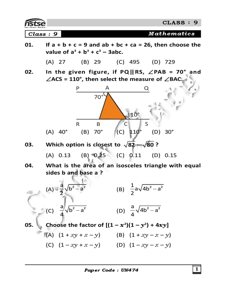 Class 9 Mathematics Question Paper | PDF | Force | Mixture