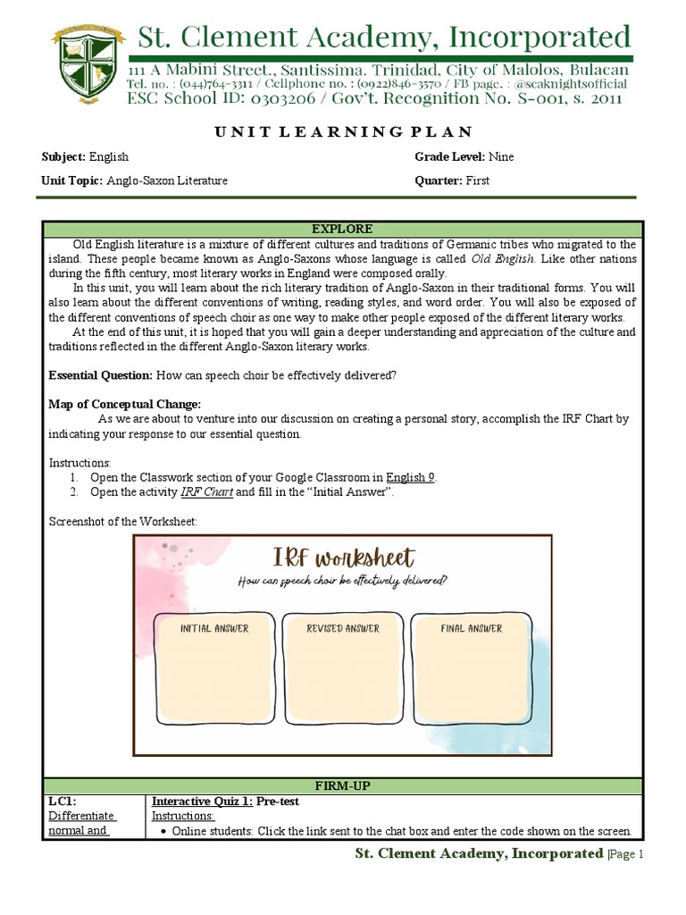 Anglo-Saxon Literature Unit Plan | PDF | Nonverbal Communication | Learning
