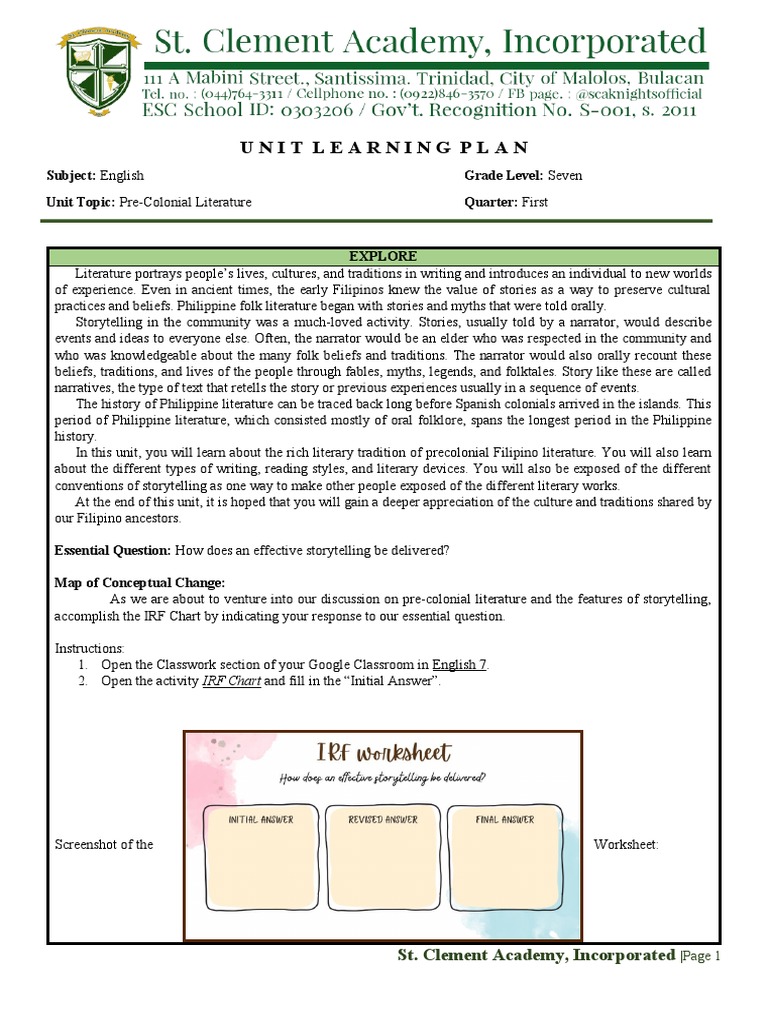 Pre-Colonial Literature Unit Plan | PDF | Narrative | Storytelling