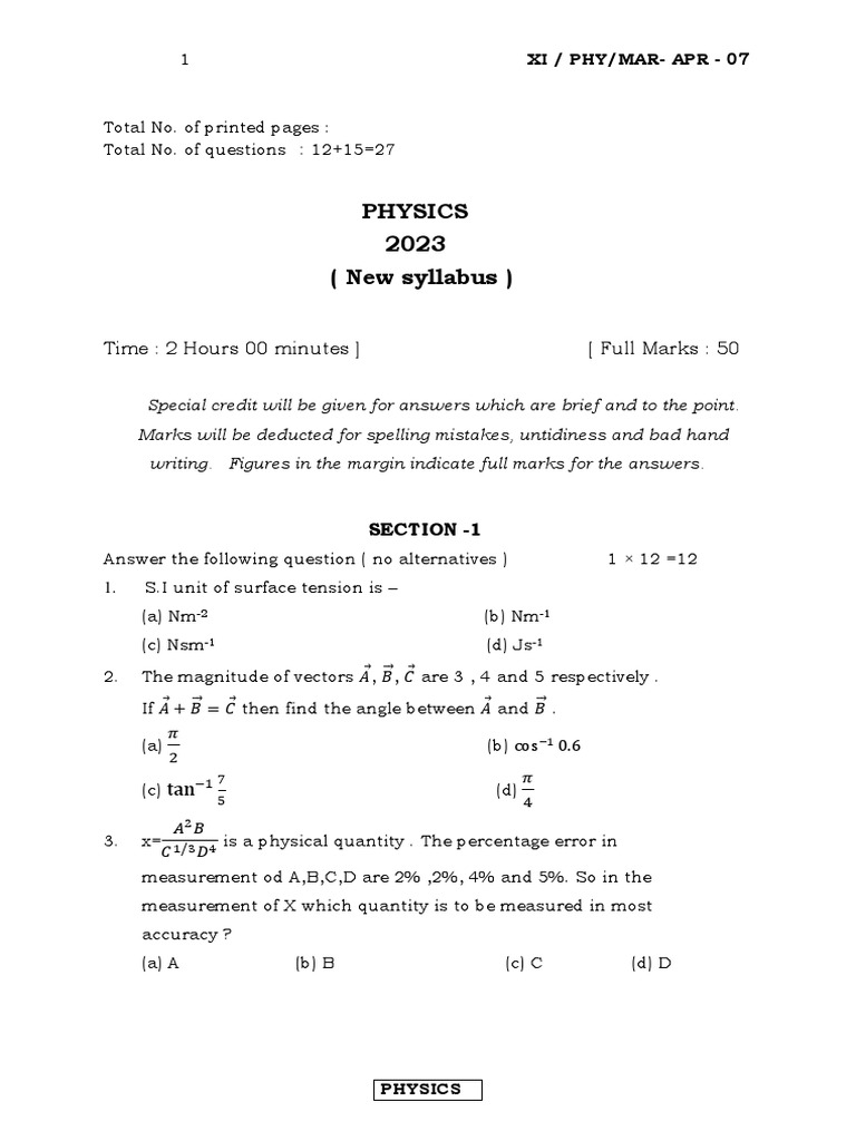 Physics Exam Questions on Vectors, Kinematics, Forces, and Errors | PDF | Velocity | Acceleration