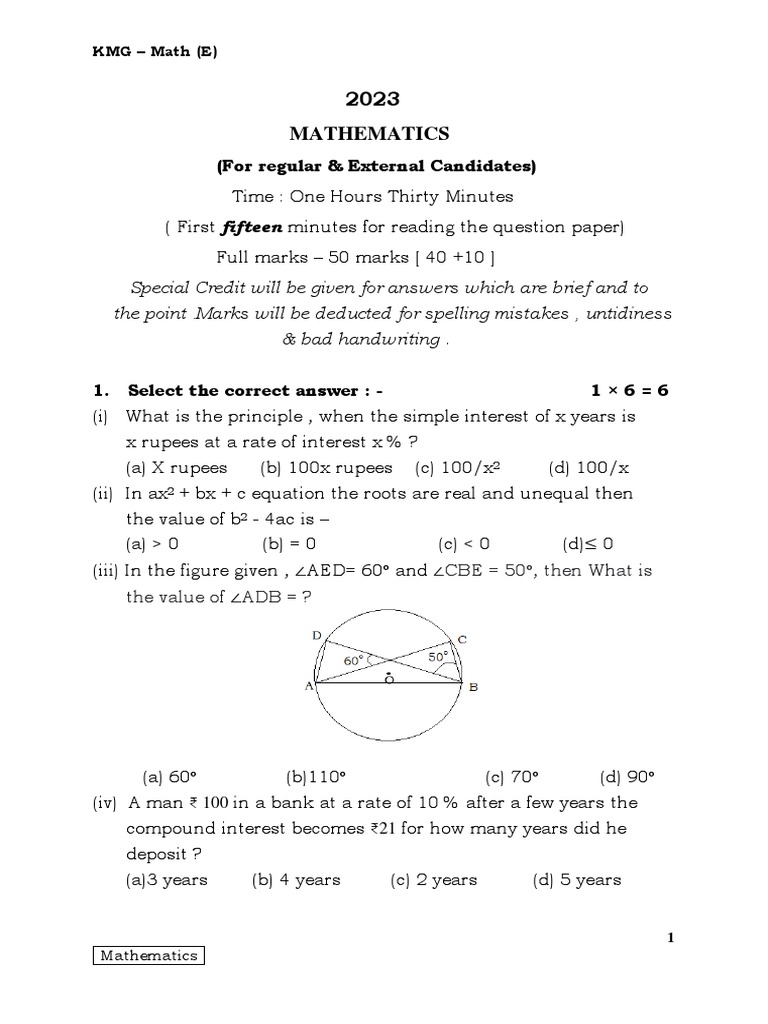 Math 40 Marks Class X | PDF | Circle | Speed
