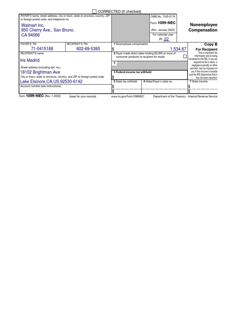 1099-NEC Tax Form for Nonemployee Compensation under 40 Characters ...