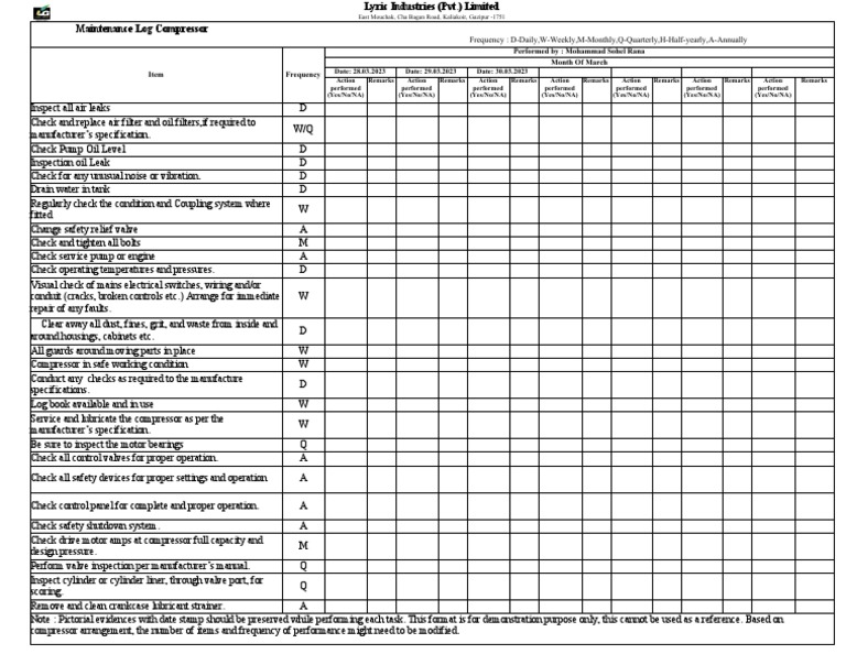 Compressor Maintenance Log | PDF | Valve | Pump