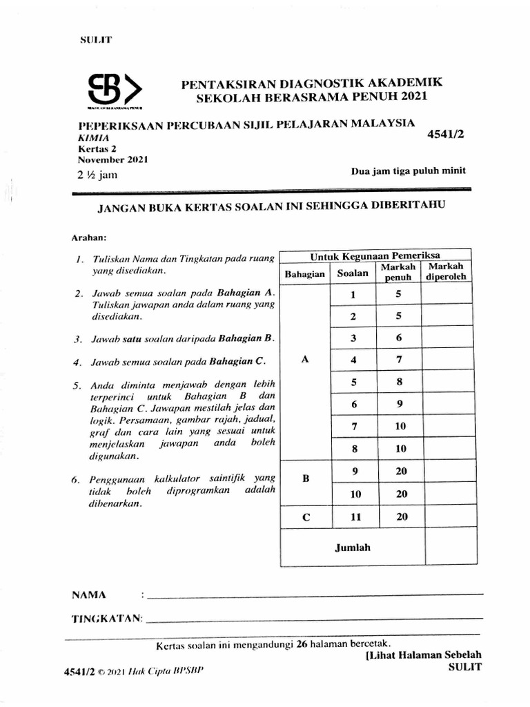 Kertas Trial Kimia SBP K2 2021 | PDF