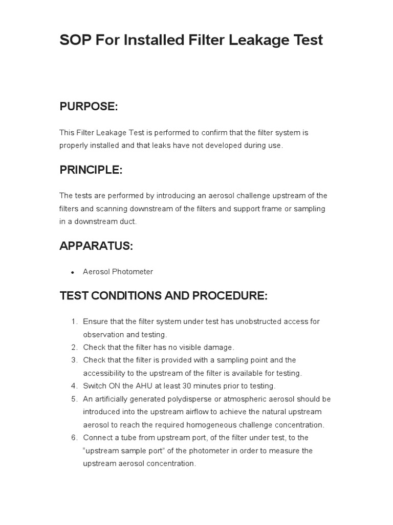 SOP For Installed Filter Leakage Test | PDF