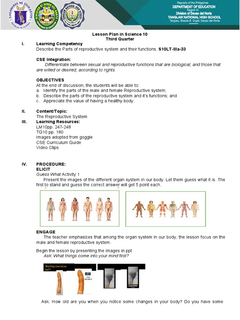 Lesson Plan in Science 10 with CSE INtegration | PDF | Teachers | Reproductive System