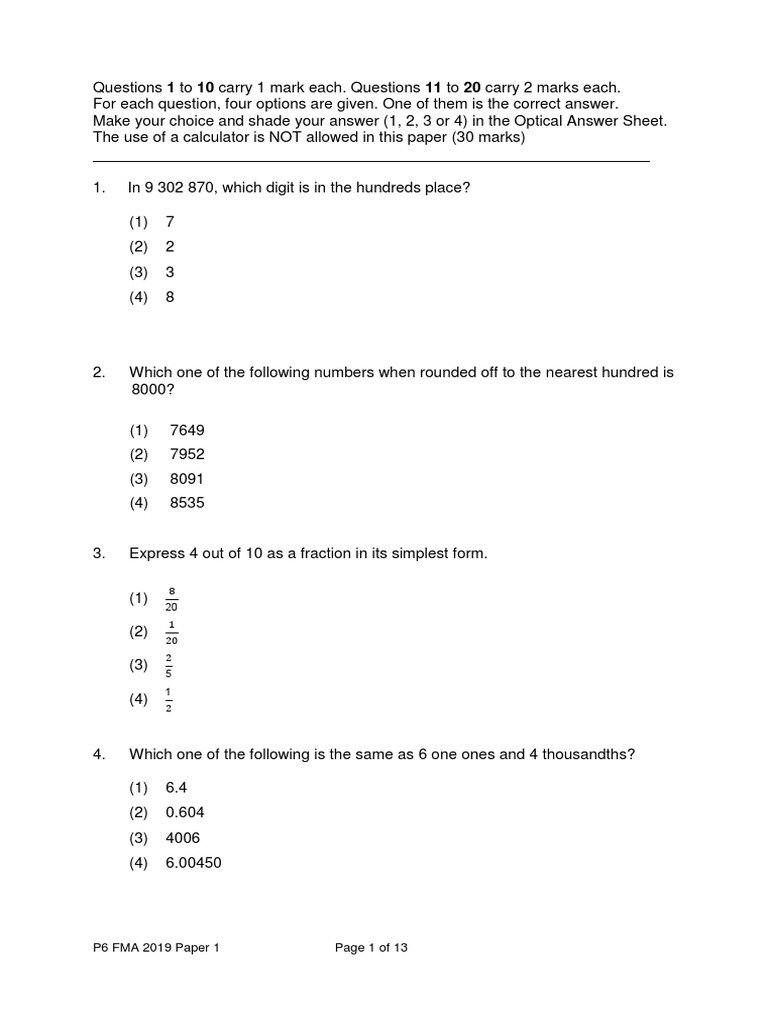 P6 F Math Paper 1 | PDF | Mathematics