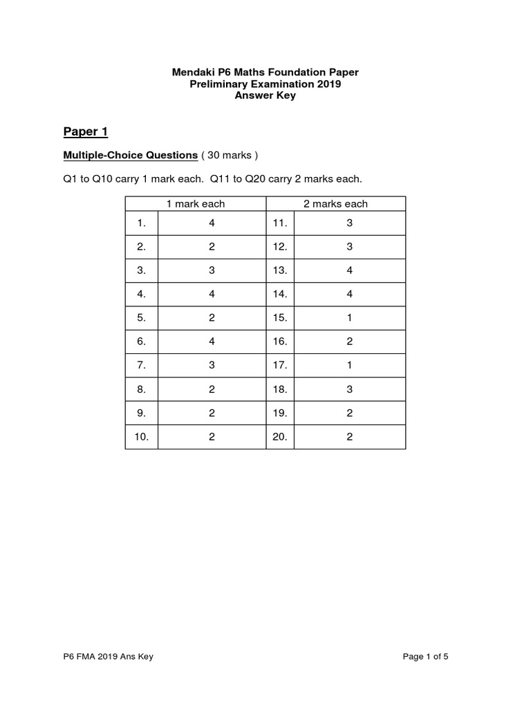 Paper 1: Mendaki P6 Maths Foundation Paper Preliminary Examination 2019 ...