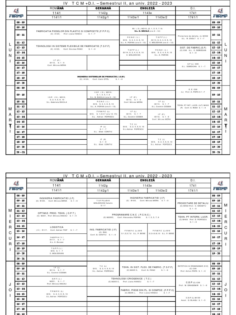 Orar S2 An Iv Tcm+ri 2022-2023 14.03.23 | PDF