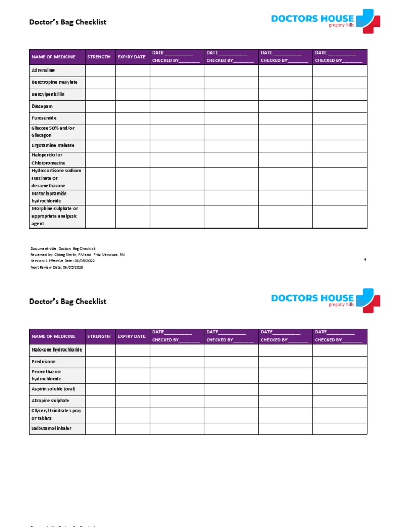 Doctors Bag Checklist | PDF | Medicine | Medical Treatments