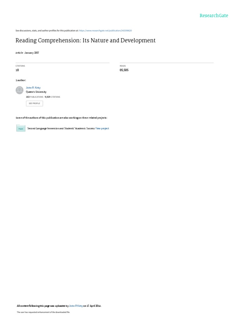 Reading Comprehension: Its Nature and Development: January 2007 | PDF ...