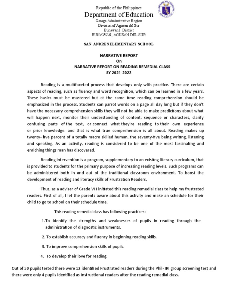 Narrative Report On Reading Remedialdocx | PDF | Reading Comprehension ...