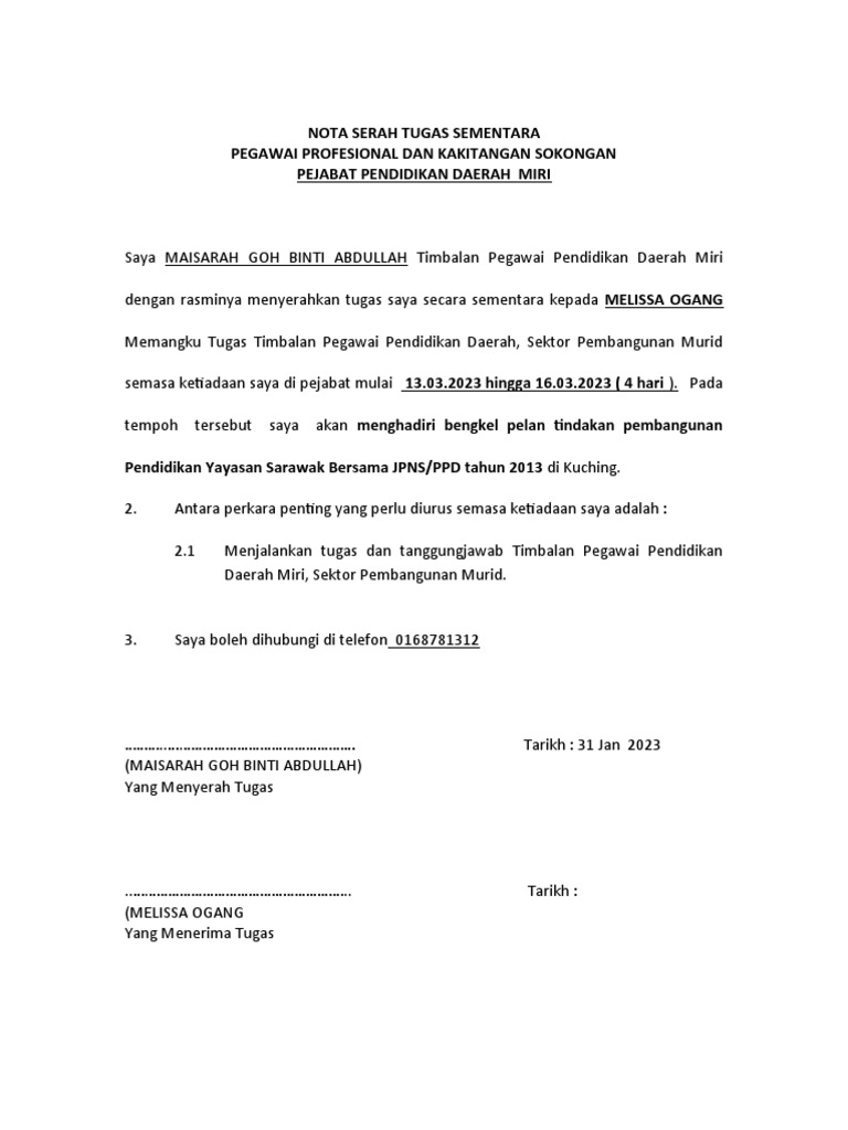 NOTA SERAH TUGAS SPBM PPD MIRI | PDF