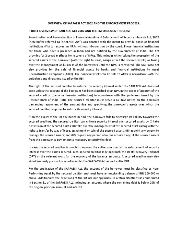 SARFAESI Act 2002: Enforcement Overview | PDF | Security Interest | Debtor
