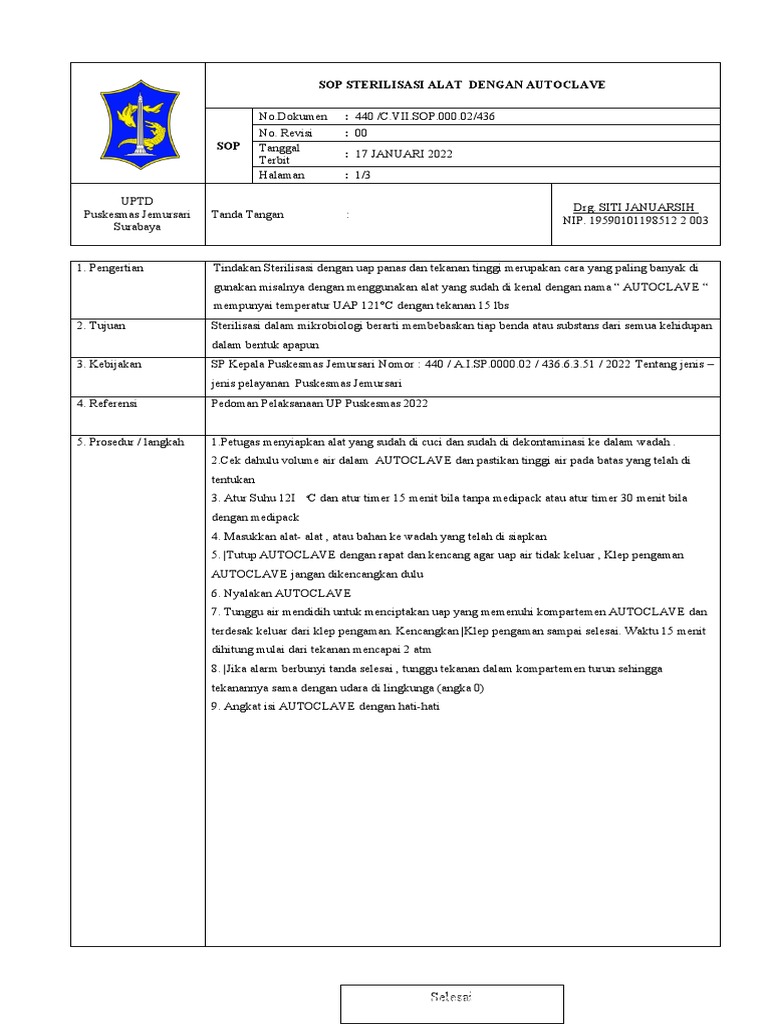 3.1.6.3. Sop Sterilisasi Alat Dengan Autoclave | PDF