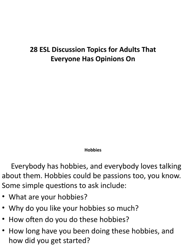 ESL Discussion Topics for Adults | PDF | Self-Improvement | Lifestyle