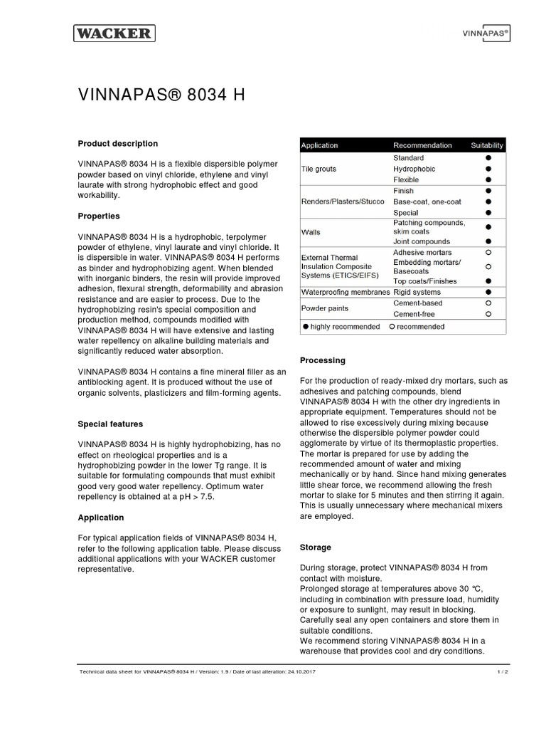 Vinnapas 8034 H TDS | Download Free PDF | Polyvinyl Chloride | Building Engineering