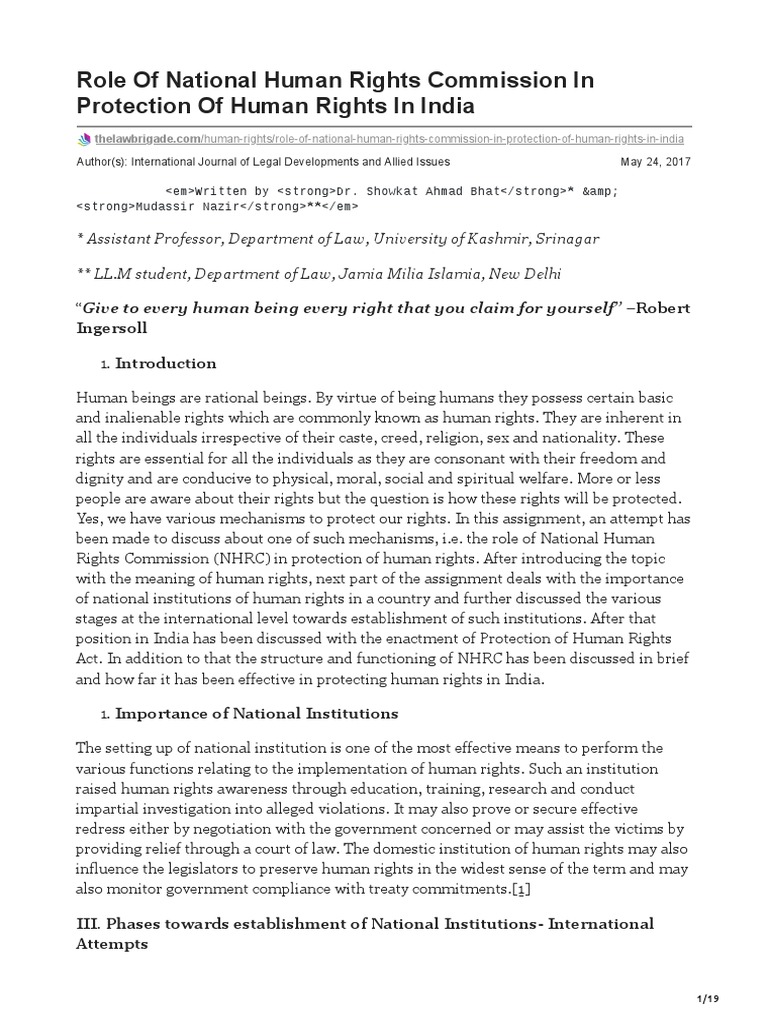 Role of National Human Rights Commission in Protection of Human Rights in India | PDF | Human ...