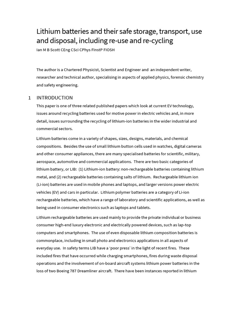 Lithium Batteries and Their Safe Storage Transport Use and Disposal ...