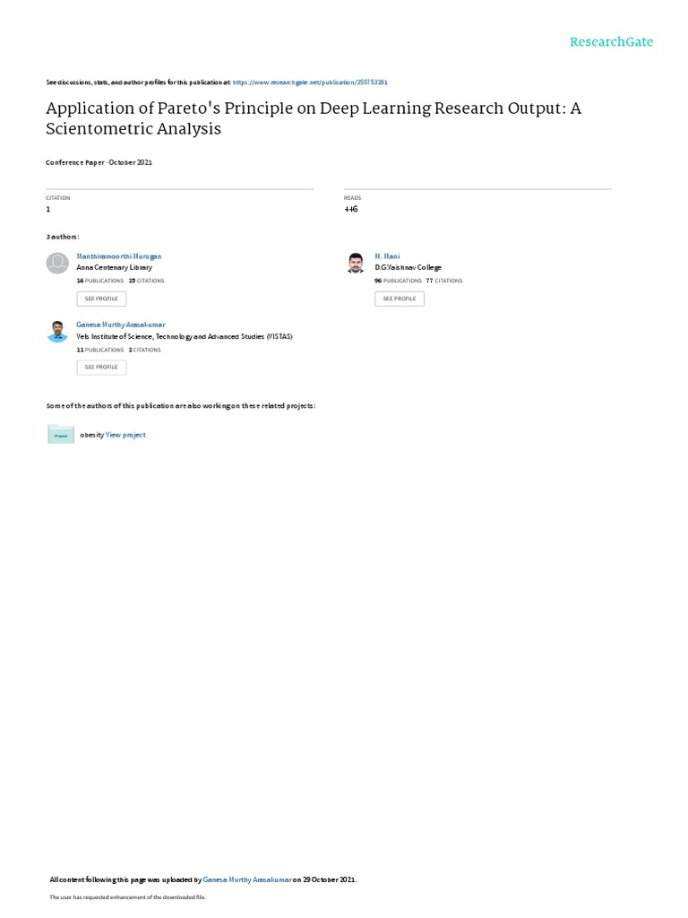 Application of Pareto's Principle On Deep Learning Research Output: A Scientometric Analysis ...