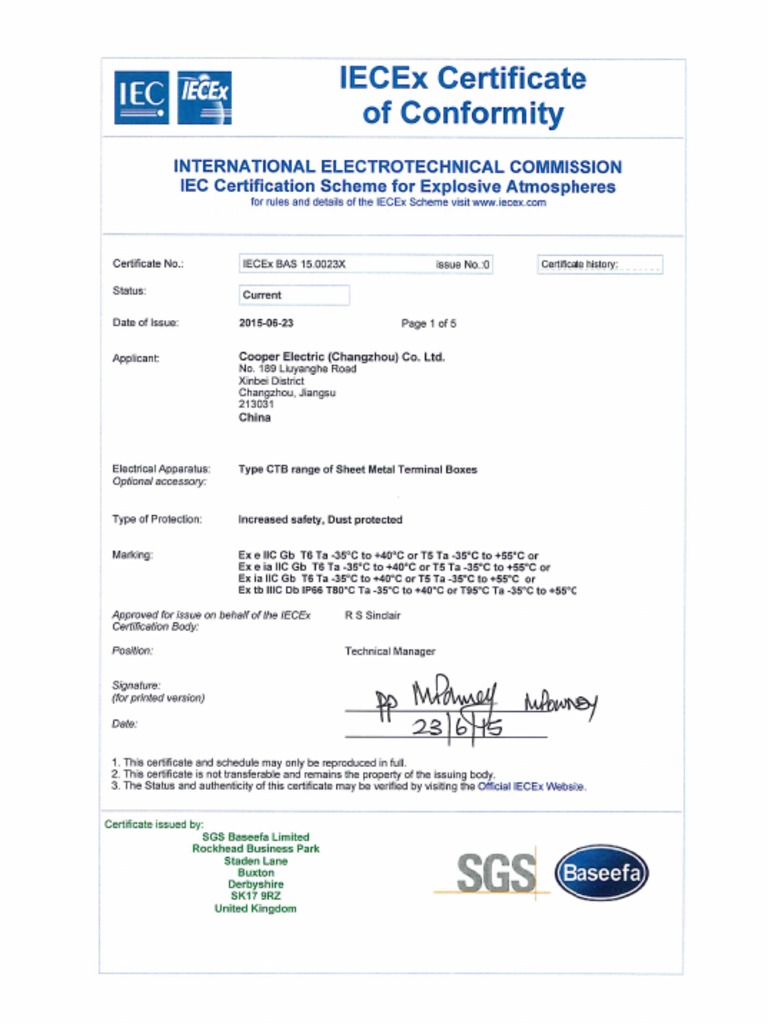 IECEx BAS 15.0023X Issue 0 | PDF