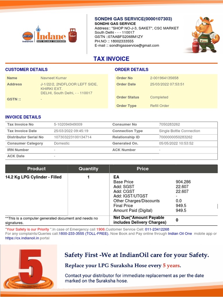SONDHI GAS SERVICE tax invoice | PDF | Liquefied Petroleum Gas | Insurance