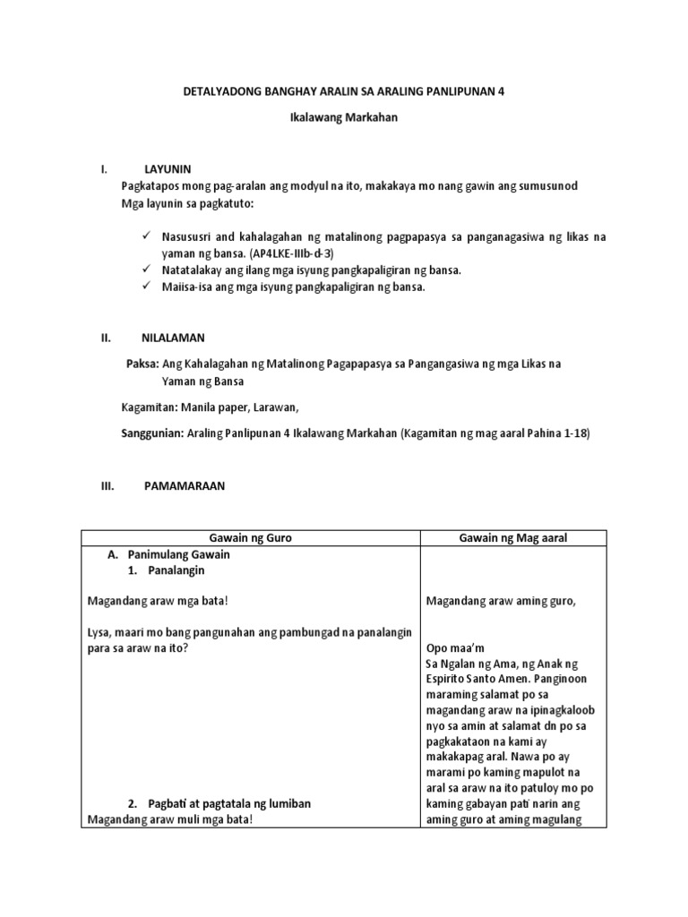 Detalyadong Banghay Aralin Sa Araling Panlipunan 4 | PDF Detalyadong Banghay Aralin Sa Araling Panlipunan 4 | PDF