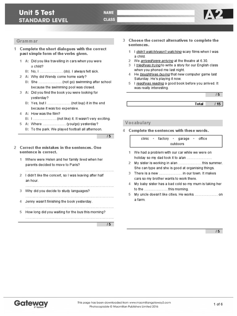 A2 UNIT 5 Test Standard | PDF