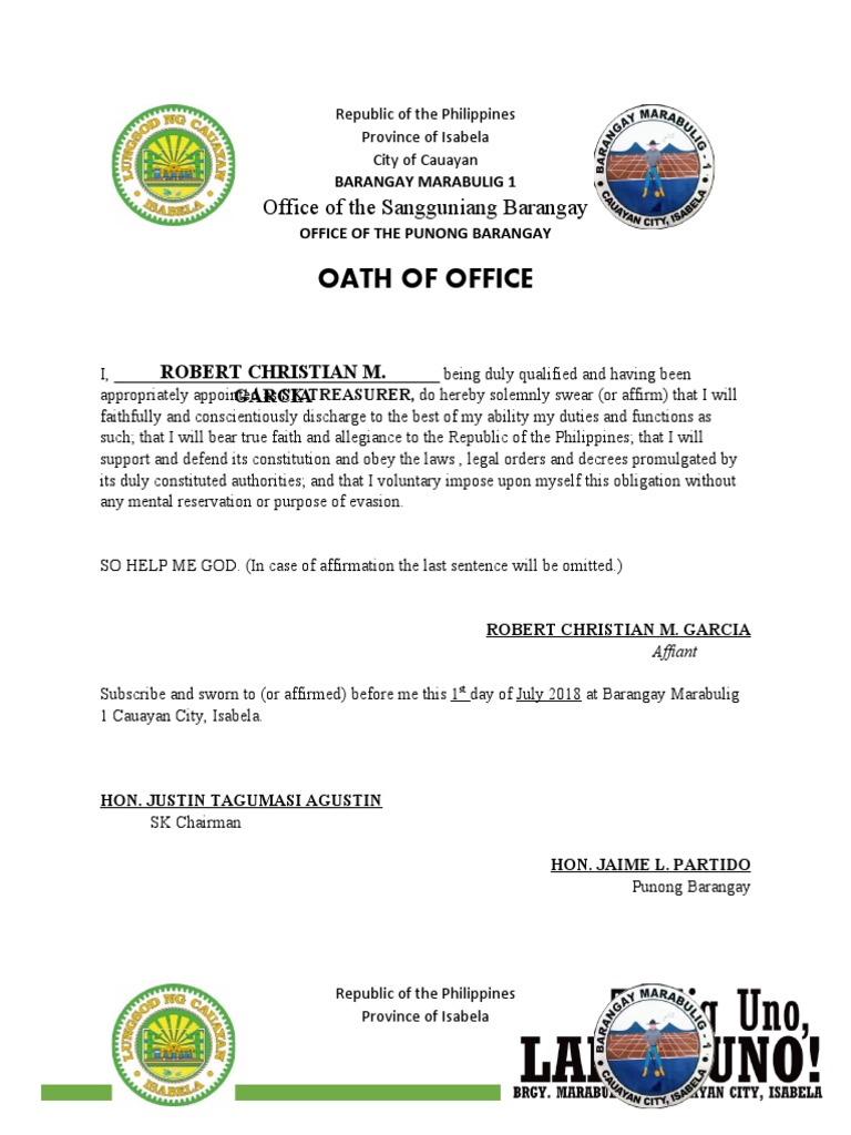 Oath and Appointment SK Treasurer | PDF | Oath Of Office | Practice Of Law