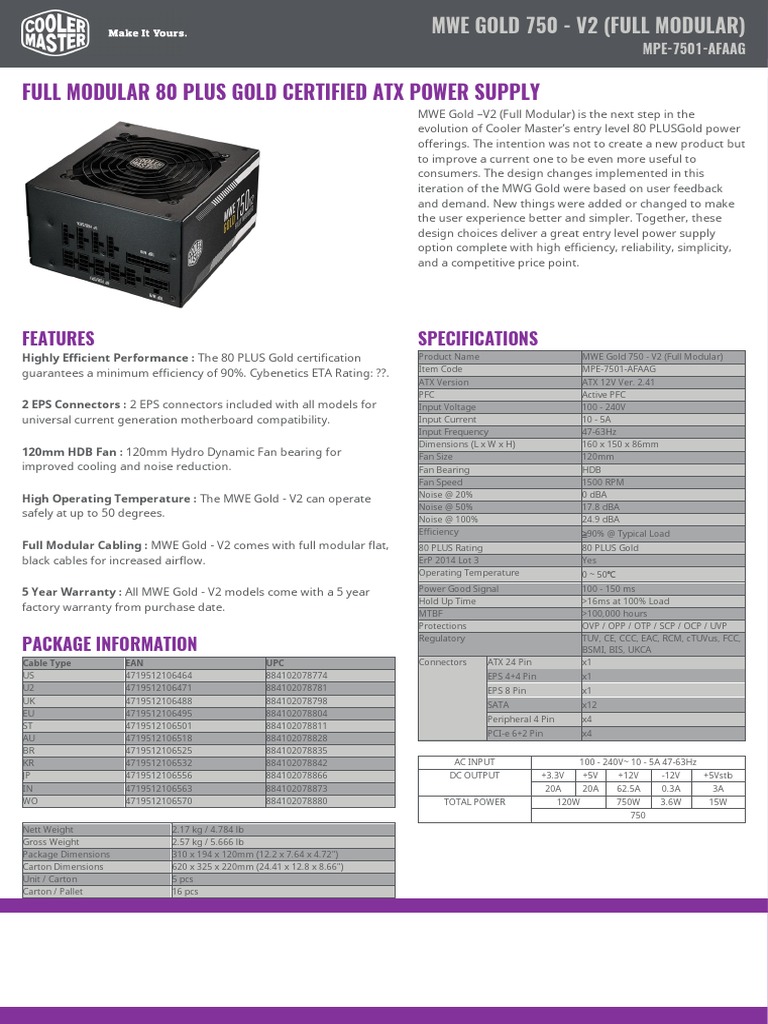 Product Sheet - MWE Gold 750 - V2 (Full Modular) | PDF | Electricity | Computer Engineering