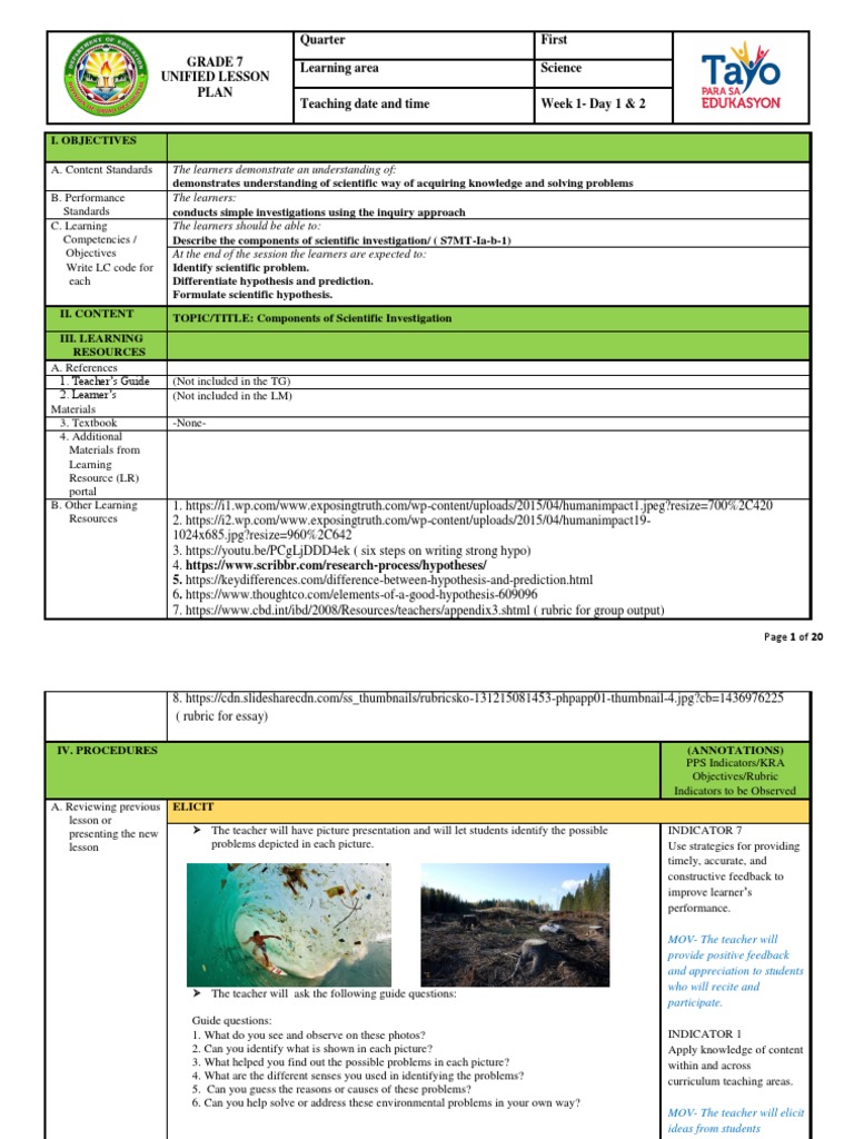 Grade 7 - 1st Quarter - Week 1 - Day 1 & 2 | PDF | Hypothesis | Experiment