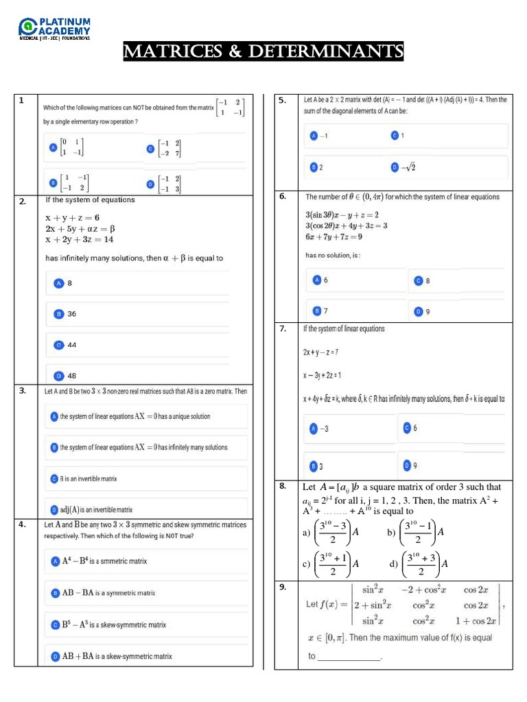 Matrices & Determinants Problem | PDF | Technology & Engineering