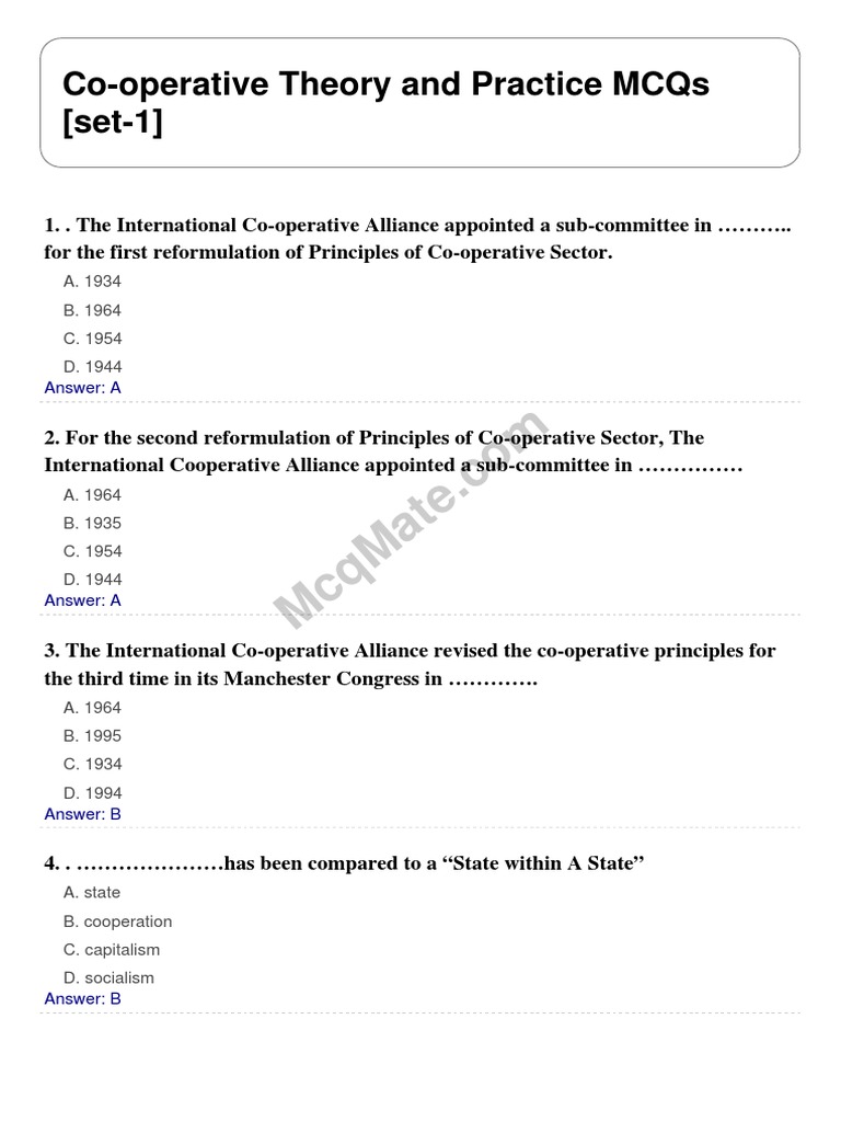 Co-Operative Theory and Practice Mcqs (Set-1) : A. 1934 B. 1964 C. 1954 ...