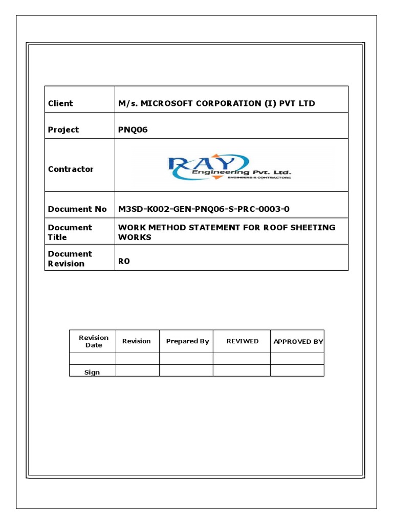 Work Method Statement For Roof Sheeting Works | PDF | Crane (Machine) | Roof