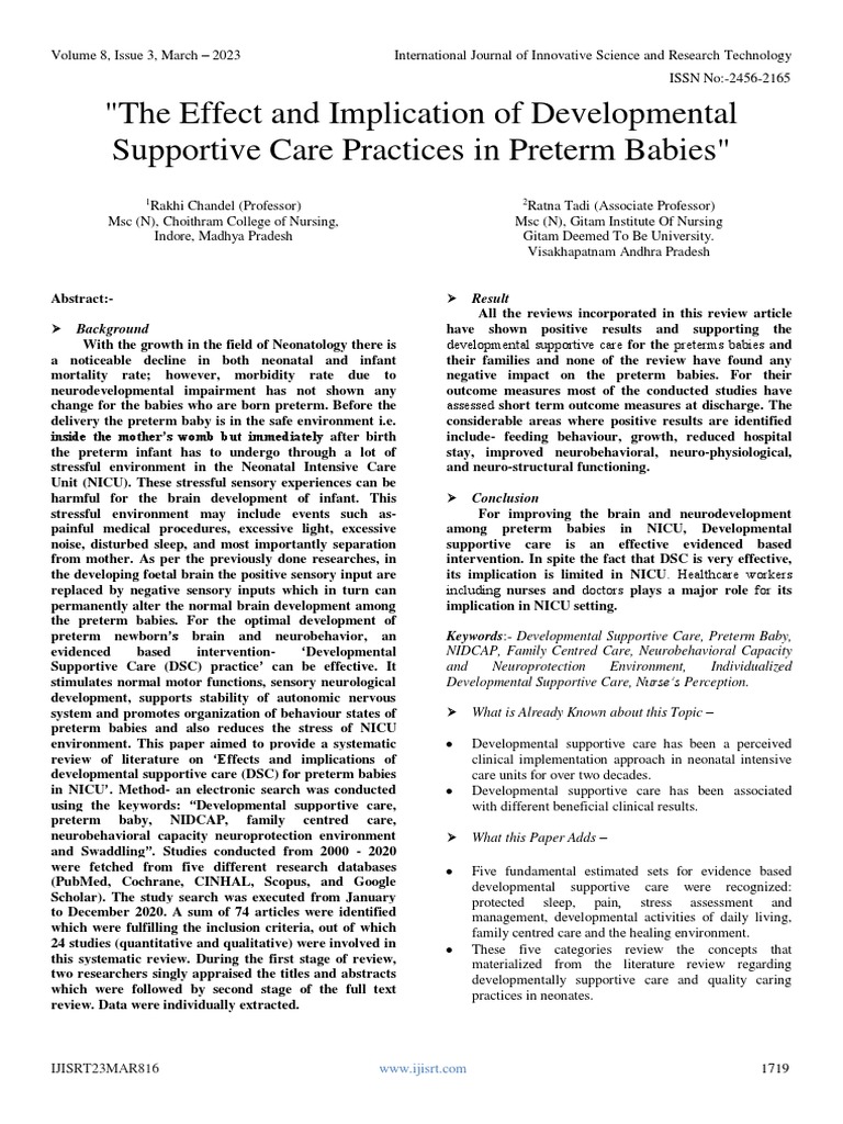 The Effect and Implication of Developmental Supportive Care Practices in Preterm Babies | PDF ...