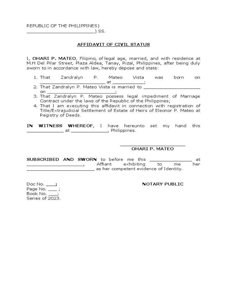 Affidavit of Civil Status For Extrajudicial Settlement | PDF