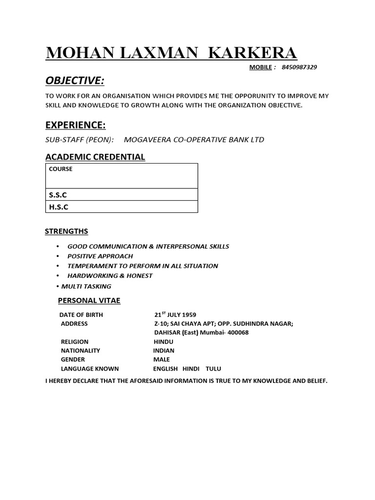 Mohan Laxman Karkera's Resume | PDF | Self-Improvement