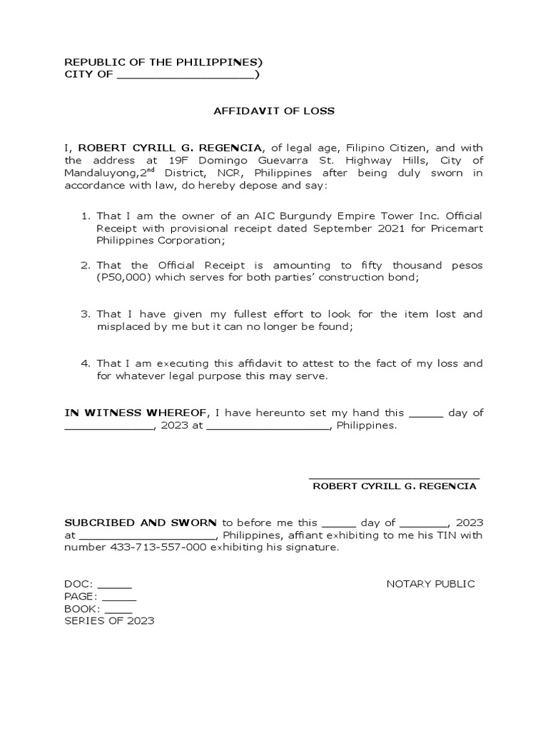 Affidavit of Loss (Official Receipt) | PDF