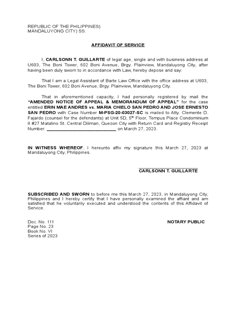 Notarized Affidavit of Service in Mandaluyong | PDF | Law