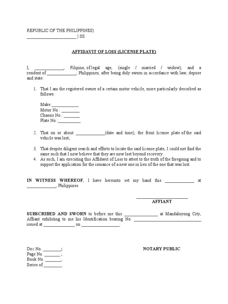Affidavit of Loss of License Plate | PDF