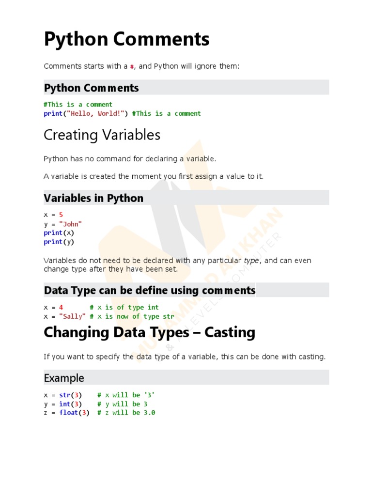 Python Comments: Creating Variables | Download Free PDF | Class (Computer Programming ...