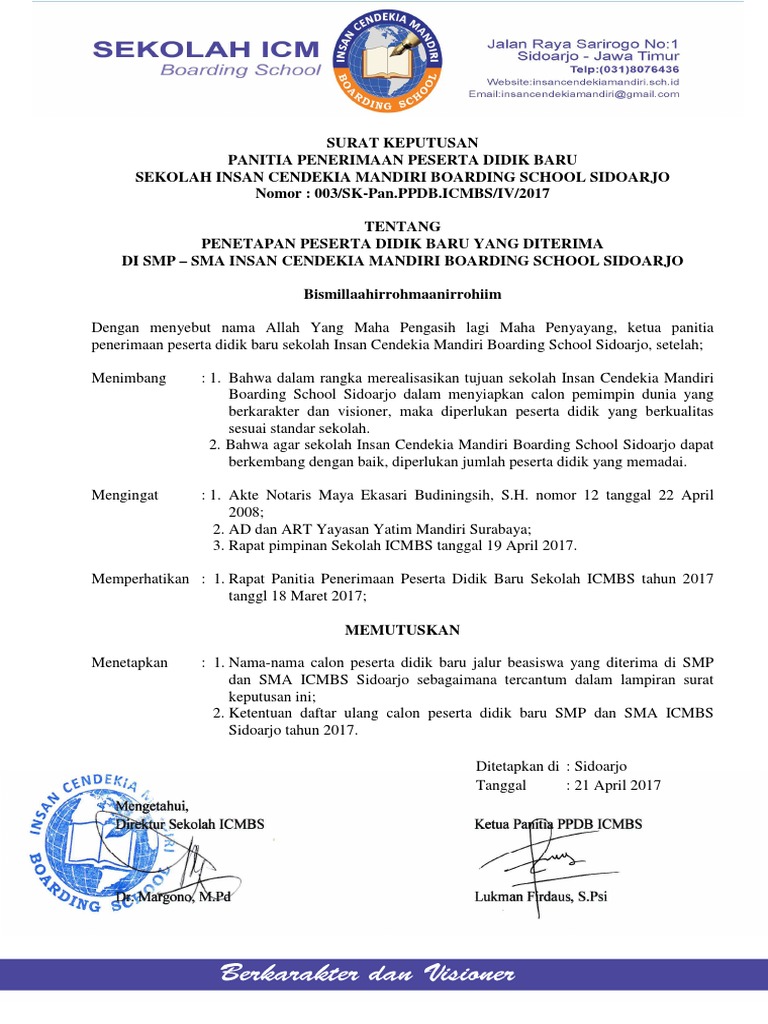 SURAT KEPUTUSAN PANITIA PENERIMAAN PESERTA DIDIK BARU SEKOLAH INSAN ...