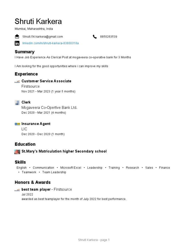 Resume Shruti Karkera | PDF