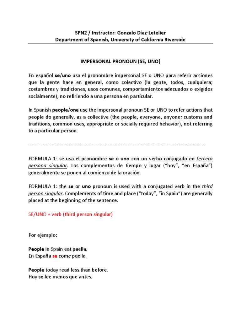 Understanding Impersonal Pronouns SE and UNO | PDF | Language Mechanics ...